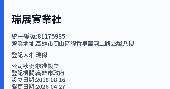 瑞展實業社的照片-統編 81175985(高雄市) 公司登記資料與營業項目詳細圖表