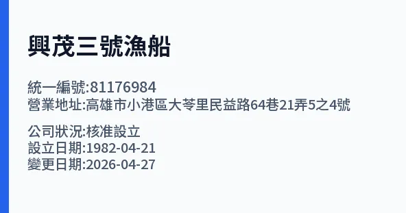 興茂三號漁船的照片-統編 81176984(高雄市) 公司登記資料與營業項目詳細圖表