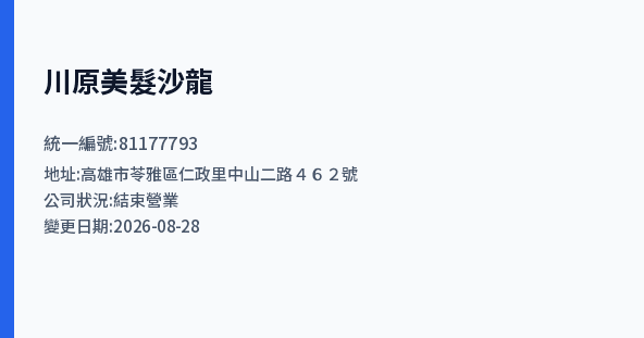 川原美髮沙龍的照片-統編 81177793(高雄市) 公司登記資料與營業項目詳細圖表