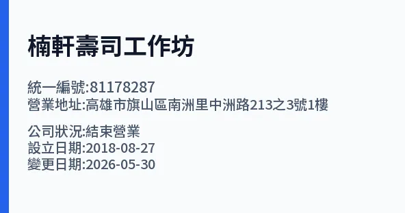 楠軒壽司工作坊的照片-統編 81178287(高雄市) 公司登記資料與營業項目詳細圖表