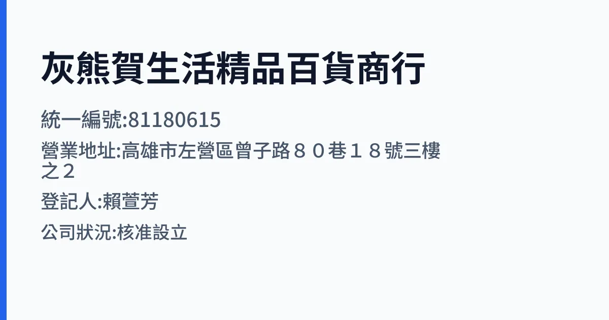 灰熊賀生活精品百貨商行 - 統編 81180615(高雄市) 公司登記資料與營業項目詳細圖表