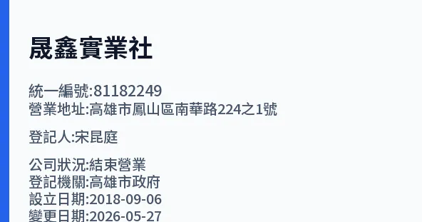 晟鑫實業社的照片-統編 81182249(高雄市) 公司登記資料與營業項目詳細圖表