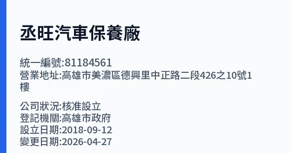 丞旺汽車保養廠的照片-統編 81184561(高雄市) 公司登記資料與營業項目詳細圖表