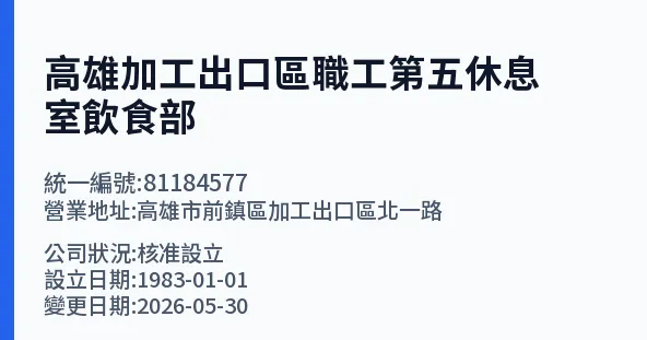 高雄加工出口區職工第五休息室飲食部的照片-統編 81184577(高雄市) 公司登記資料與營業項目詳細圖表