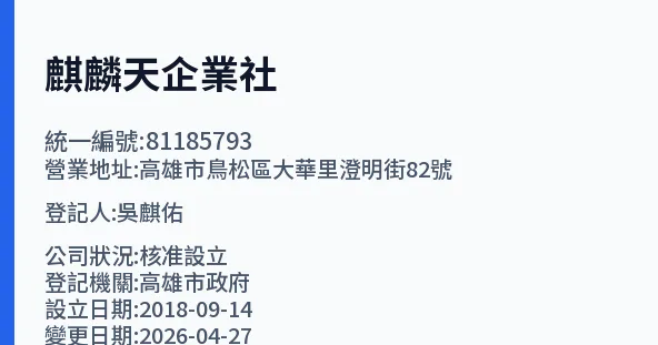 麒麟天企業社的照片-統編 81185793(高雄市) 公司登記資料與營業項目詳細圖表