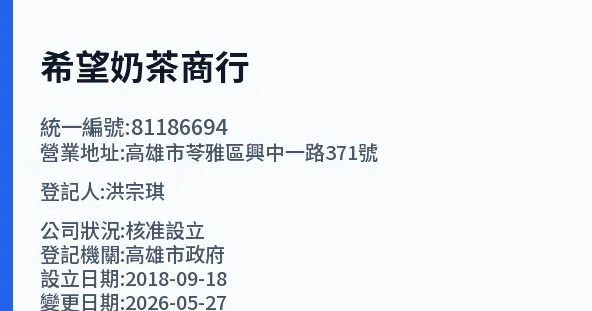 希望奶茶商行的照片-統編 81186694(高雄市) 公司登記資料與營業項目詳細圖表