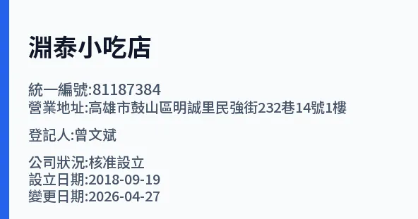 淵泰小吃店的照片-統編 81187384(高雄市) 公司登記資料與營業項目詳細圖表