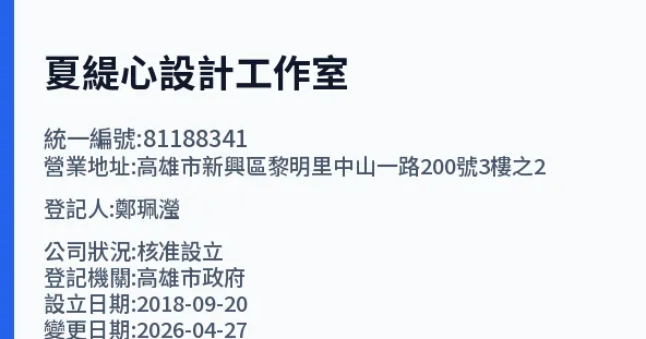 夏緹心設計工作室的照片-統編 81188341(高雄市) 公司登記資料與營業項目詳細圖表