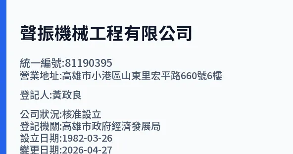 聲振機械工程有限公司的照片-統編 81190395(高雄市) 公司登記資料與營業項目詳細圖表