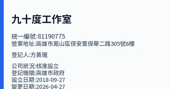 九十度工作室的照片-統編 81190775(高雄市) 公司登記資料與營業項目詳細圖表