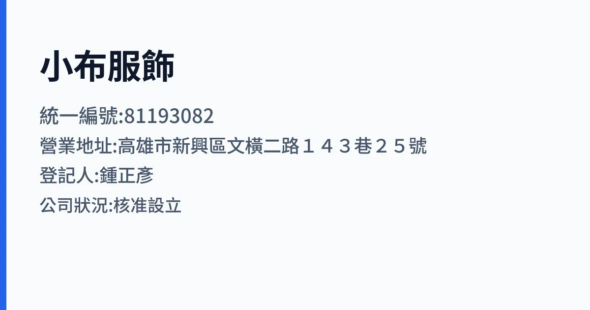 小布服飾 - 統編 81193082(高雄市) 公司登記資料與營業項目詳細圖表