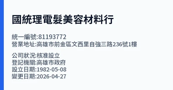 國統理電髮美容材料行的照片-統編 81193772(高雄市) 公司登記資料與營業項目詳細圖表