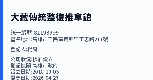 大藏傳統整復推拿館的照片-統編 81193999(高雄市) 公司登記資料與營業項目詳細圖表
