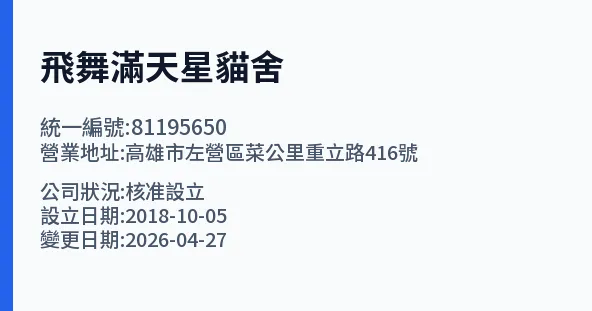 飛舞滿天星貓舍的照片-統編 81195650(高雄市) 公司登記資料與營業項目詳細圖表
