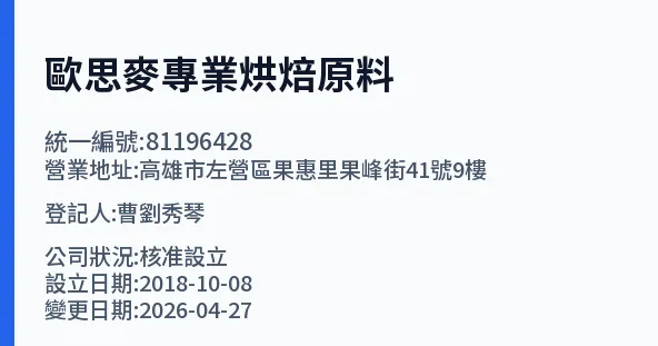 歐思麥專業烘焙原料的照片-統編 81196428(高雄市) 公司登記資料與營業項目詳細圖表