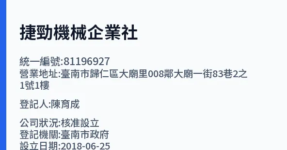 捷勁機械企業社的照片-統編 81196927(臺南市) 公司登記資料與營業項目詳細圖表