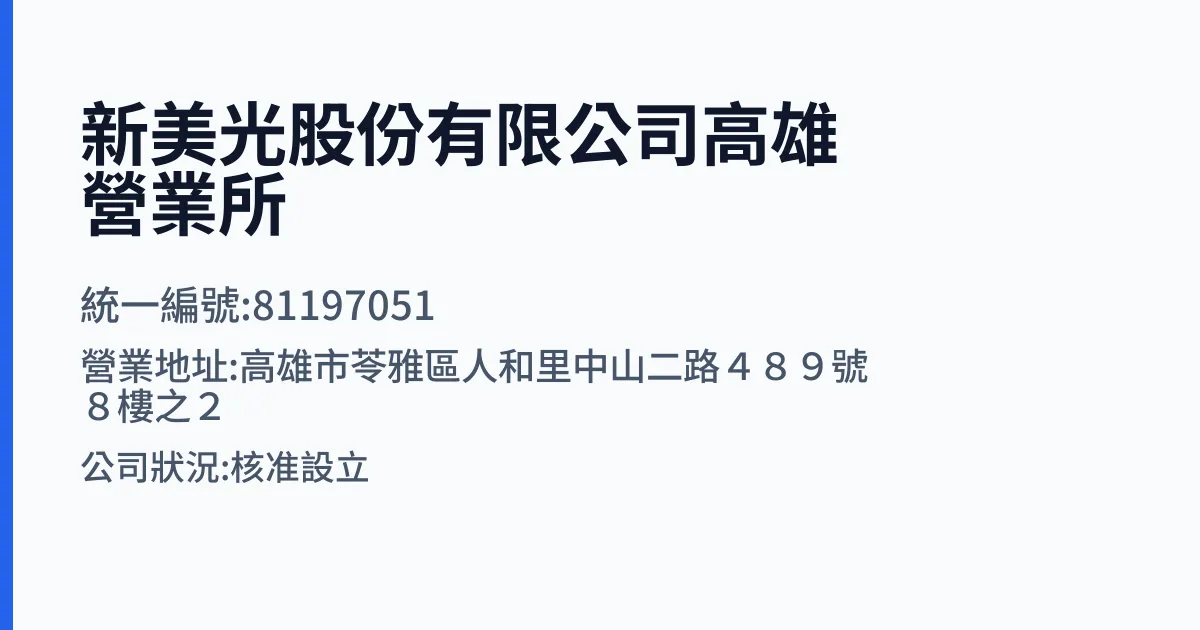 新美光股份有限公司高雄營業所 - 統編 81197051(高雄市) 公司登記資料與營業項目詳細圖表