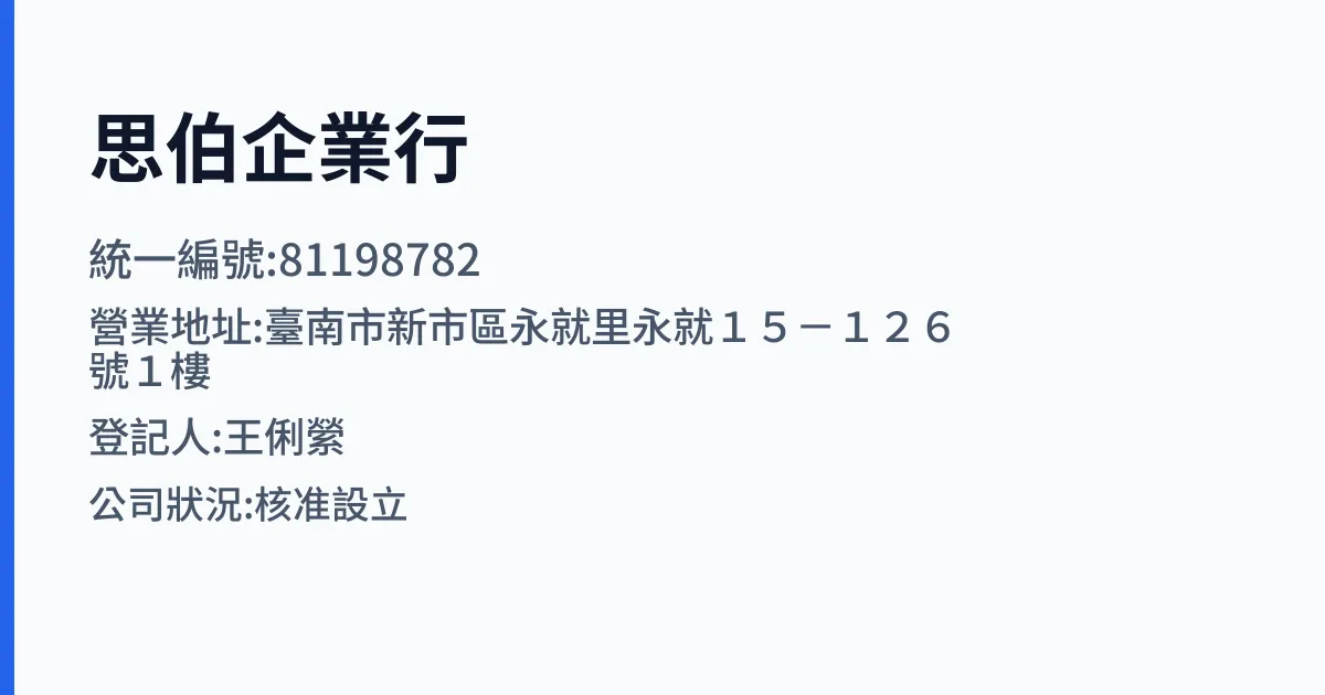 思伯企業行 - 統編 81198782(臺南市) 公司登記資料與營業項目詳細圖表