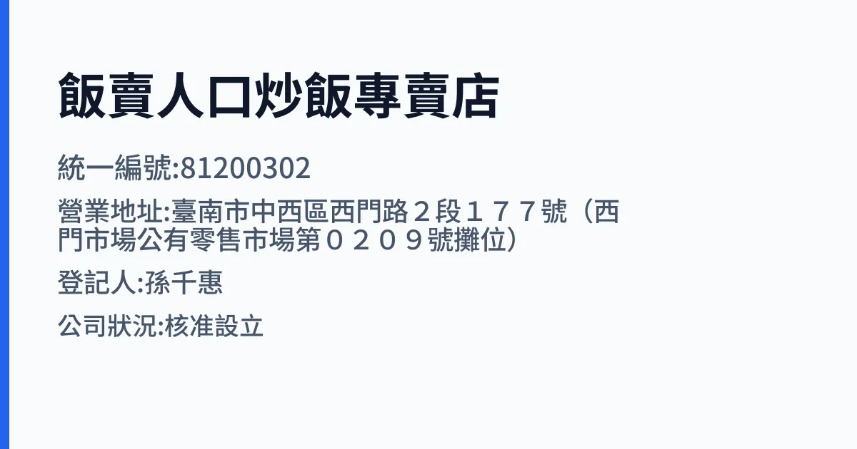 飯賣人口炒飯專賣店 - 統編 81200302(臺南市) 公司登記資料與營業項目詳細圖表