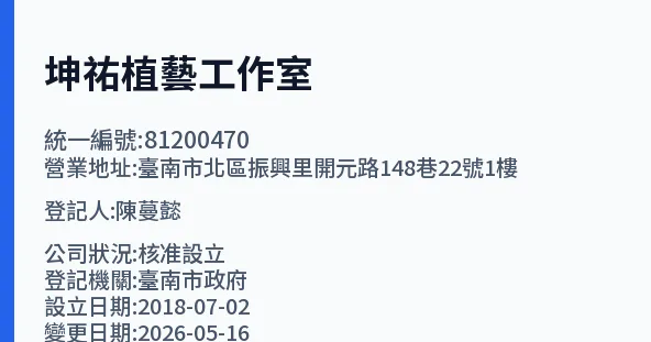 坤祐植藝工作室的照片-統編 81200470(臺南市) 公司登記資料與營業項目詳細圖表