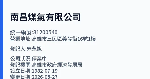 南昌煤氣有限公司的照片-統編 81200540(高雄市) 公司登記資料與營業項目詳細圖表