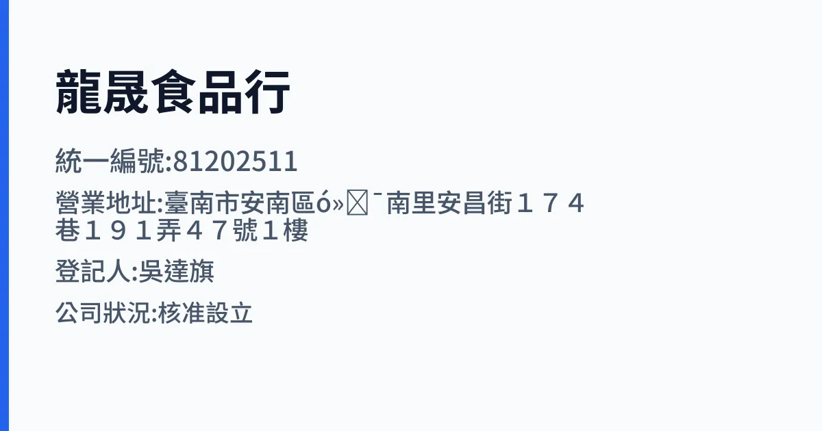 龍晟食品行 - 統編 81202511(臺南市) 公司登記資料與營業項目詳細圖表
