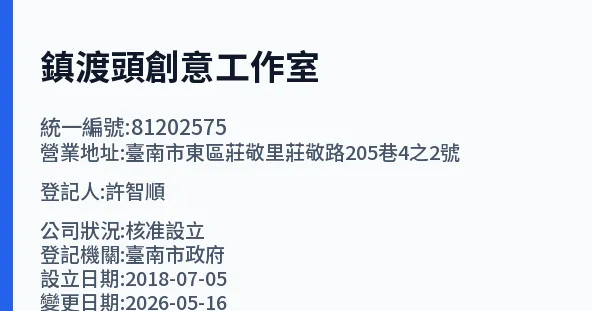 鎮渡頭創意工作室的照片-統編 81202575(臺南市) 公司登記資料與營業項目詳細圖表