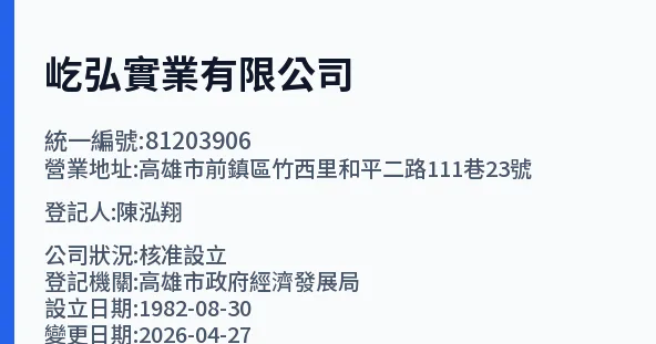 屹弘實業有限公司的照片-統編 81203906(高雄市) 公司登記資料與營業項目詳細圖表