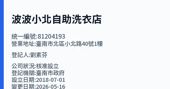 波波小北自助洗衣店的照片-統編 81204193(臺南市) 公司登記資料與營業項目詳細圖表