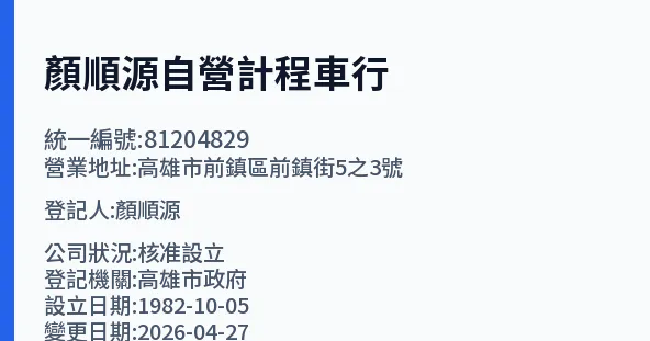 顏順源自營計程車行的照片-統編 81204829(高雄市) 公司登記資料與營業項目詳細圖表