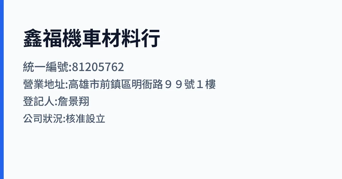 鑫福機車材料行 - 統編 81205762(高雄市) 公司登記資料與營業項目詳細圖表