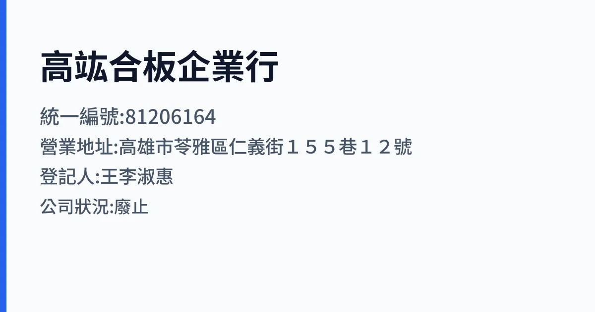 高竑合板企業行 - 統編 81206164(高雄市) 公司登記資料與營業項目詳細圖表