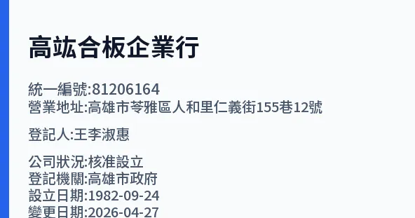 高竑合板企業行的照片-統編 81206164(高雄市) 公司登記資料與營業項目詳細圖表