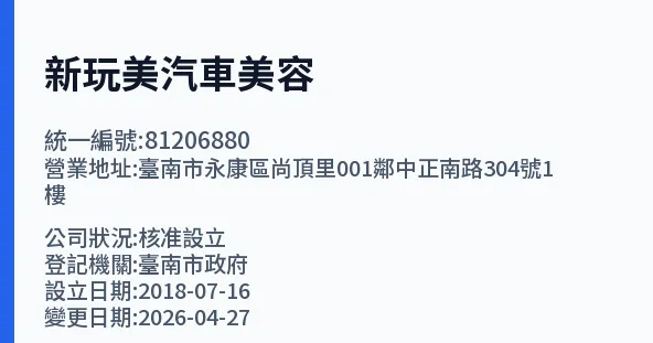 新玩美汽車美容的照片-統編 81206880(臺南市) 公司登記資料與營業項目詳細圖表