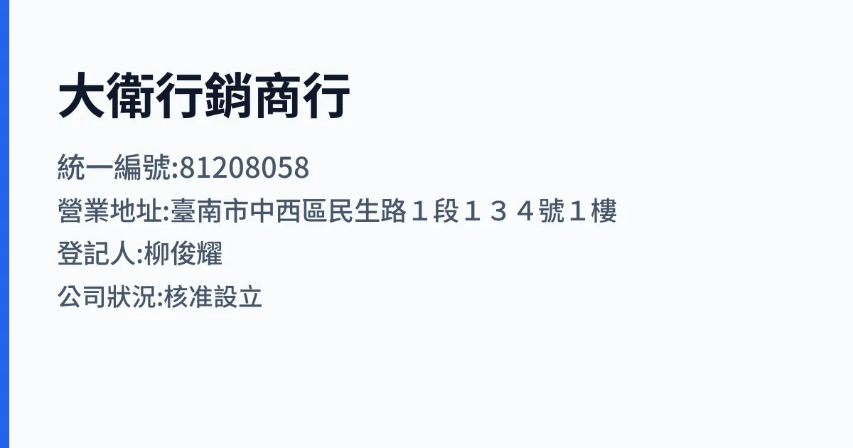 大衛行銷商行 - 統編 81208058(臺南市) 公司登記資料與營業項目詳細圖表