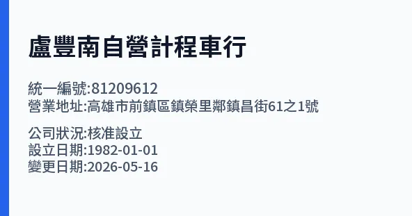盧豐南自營計程車行的照片-統編 81209612(高雄市) 公司登記資料與營業項目詳細圖表