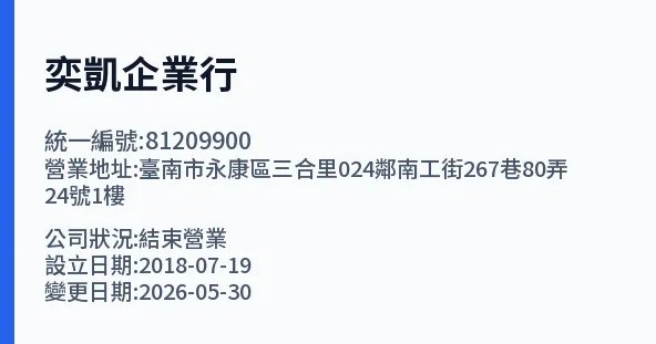 奕凱企業行的照片-統編 81209900(臺南市) 公司登記資料與營業項目詳細圖表