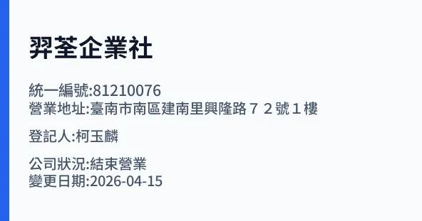 羿荃企業社的照片-統編 81210076(臺南市) 公司登記資料與營業項目詳細圖表