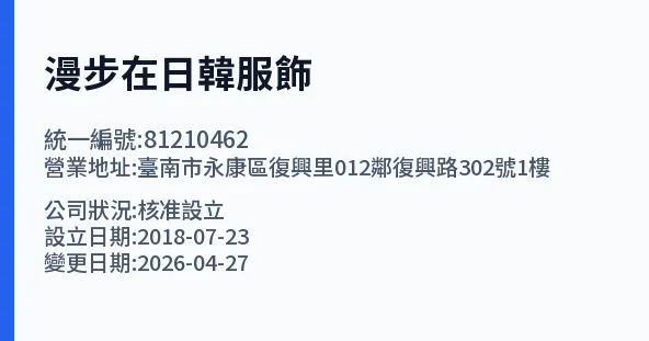 漫步在日韓服飾的照片-統編 81210462(臺南市) 公司登記資料與營業項目詳細圖表