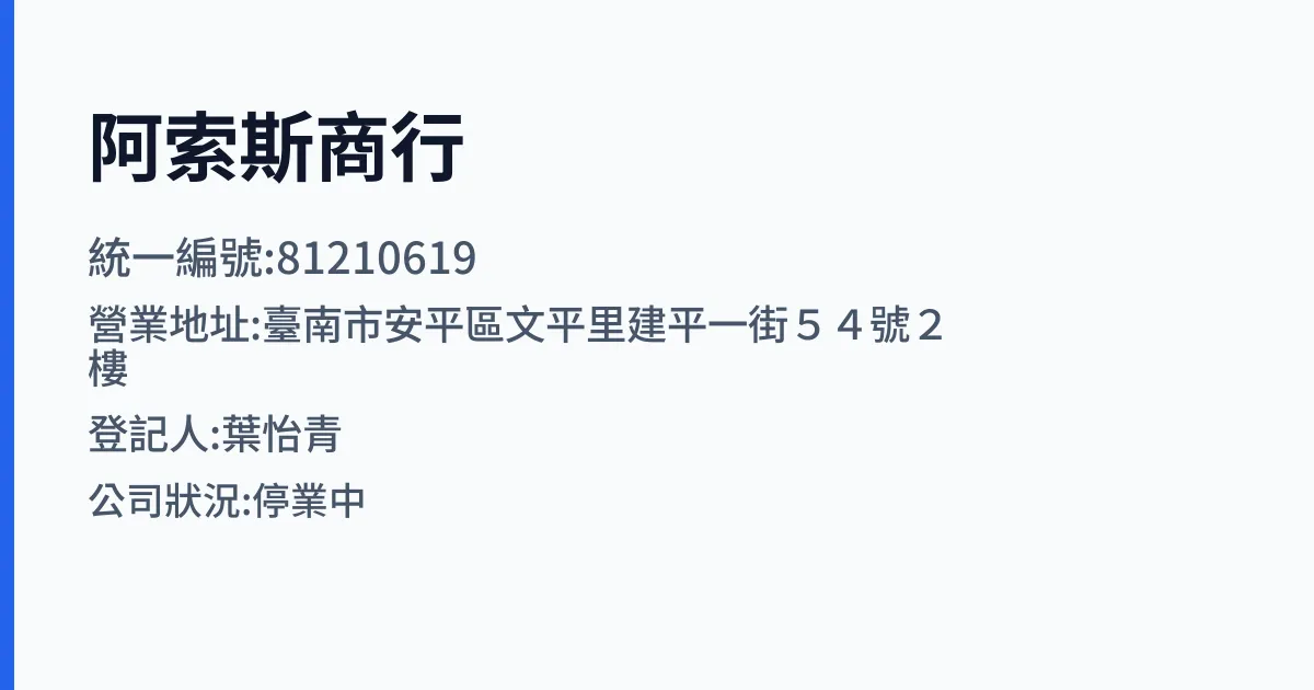 阿索斯商行 - 統編 81210619(臺南市) 公司登記資料與營業項目詳細圖表