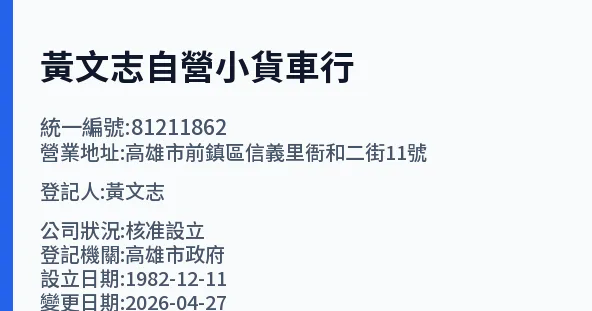 黃文志自營小貨車行的照片-統編 81211862(高雄市) 公司登記資料與營業項目詳細圖表