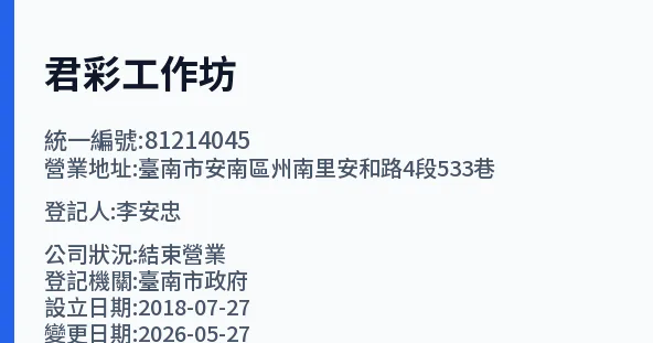 君彩工作坊的照片-統編 81214045(臺南市) 公司登記資料與營業項目詳細圖表