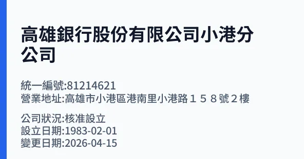 高雄銀行股份有限公司小港分公司的照片-統編 81214621(高雄市) 公司登記資料與營業項目詳細圖表