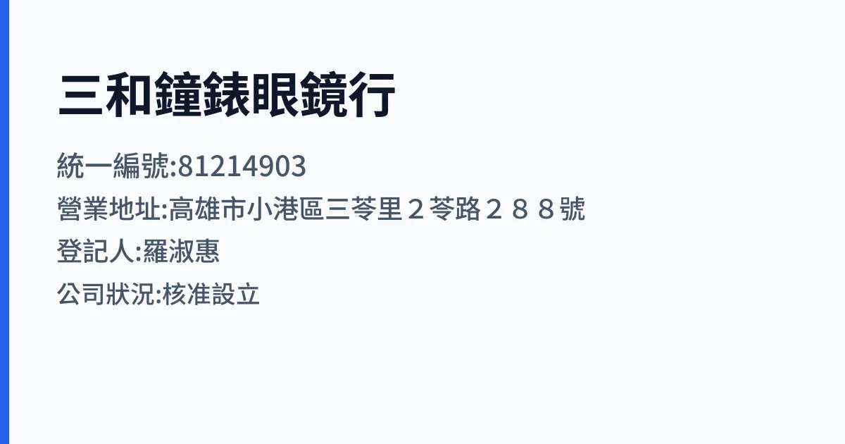 三和鐘錶眼鏡行 - 統編 81214903(高雄市) 公司登記資料與營業項目詳細圖表
