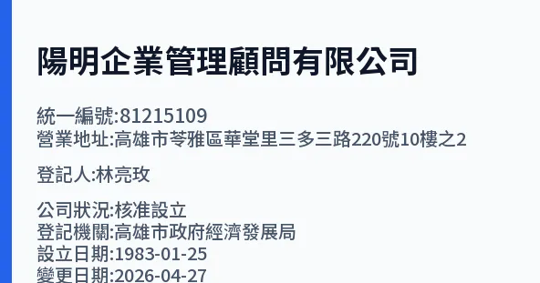 陽明企業管理顧問有限公司的照片-統編 81215109(高雄市) 公司登記資料與營業項目詳細圖表