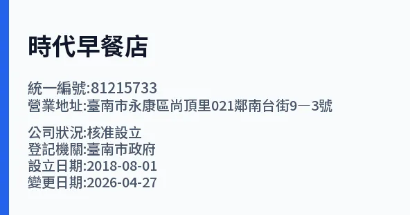 時代早餐店的照片-統編 81215733(臺南市) 公司登記資料與營業項目詳細圖表