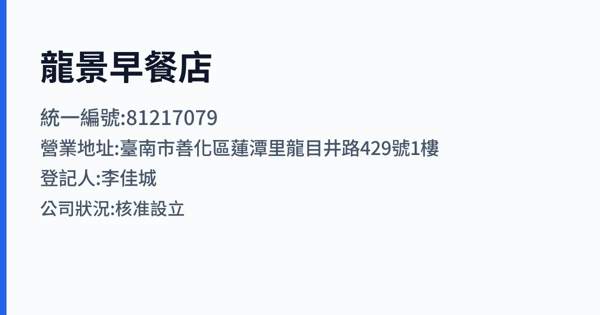 龍景早餐店 - 統編 81217079(臺南市) 公司登記資料與營業項目詳細圖表
