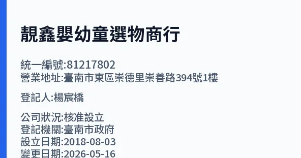 靚鑫嬰幼童選物商行的照片-統編 81217802(臺南市) 公司登記資料與營業項目詳細圖表