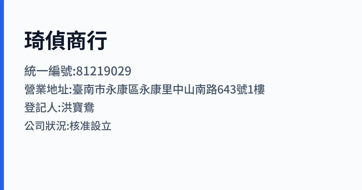 琦偵商行 - 統編 81219029(臺南市) 公司登記資料與營業項目詳細圖表