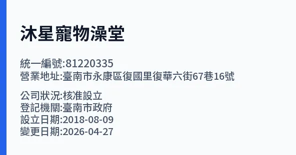 沐星寵物澡堂的照片-統編 81220335(臺南市) 公司登記資料與營業項目詳細圖表